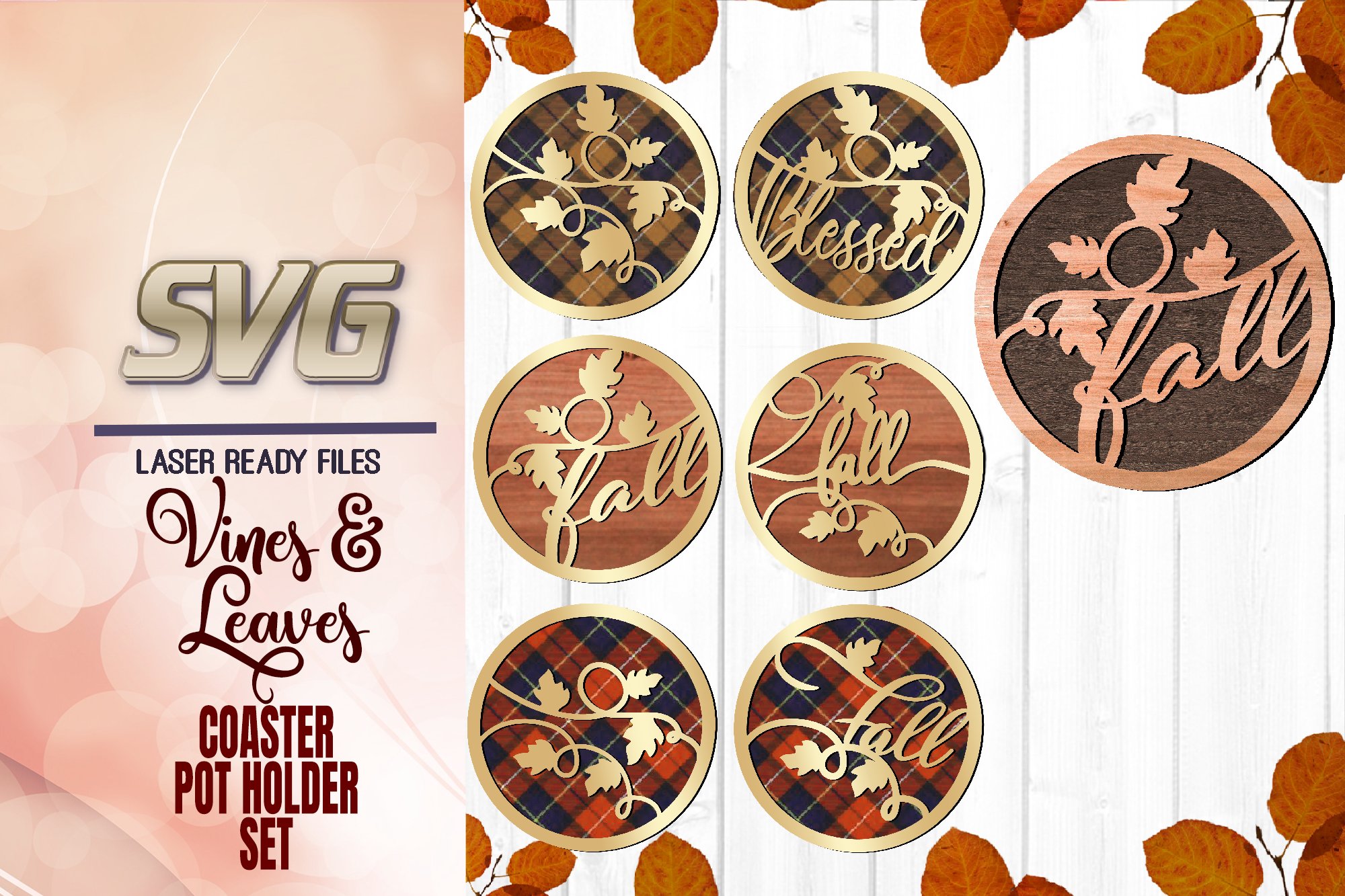 Fall Vines Leaves Coaster Svg Glowforge Files Bundle (944630) | Laser ...