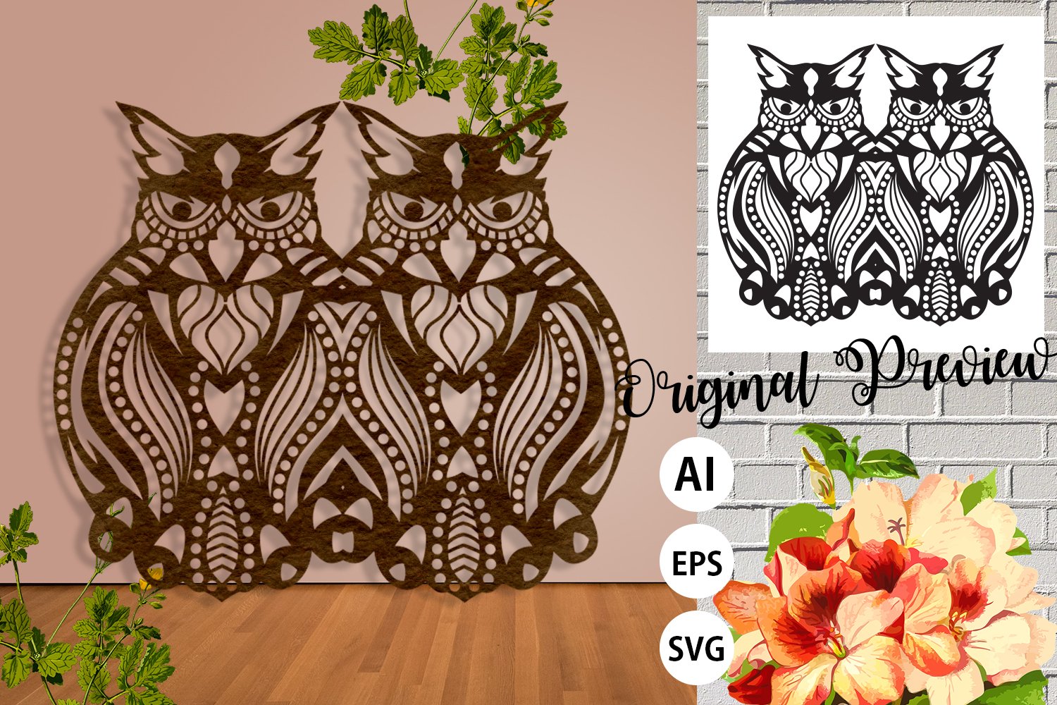 Papercut Owl Pair, Owl Monogram Set, Paper Craft SVG Design
