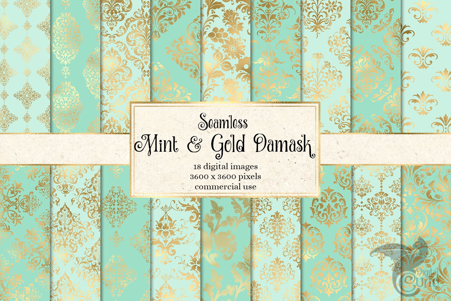 Mint and Gold Damask Digital Paper (329850) | Patterns | Design Bundles