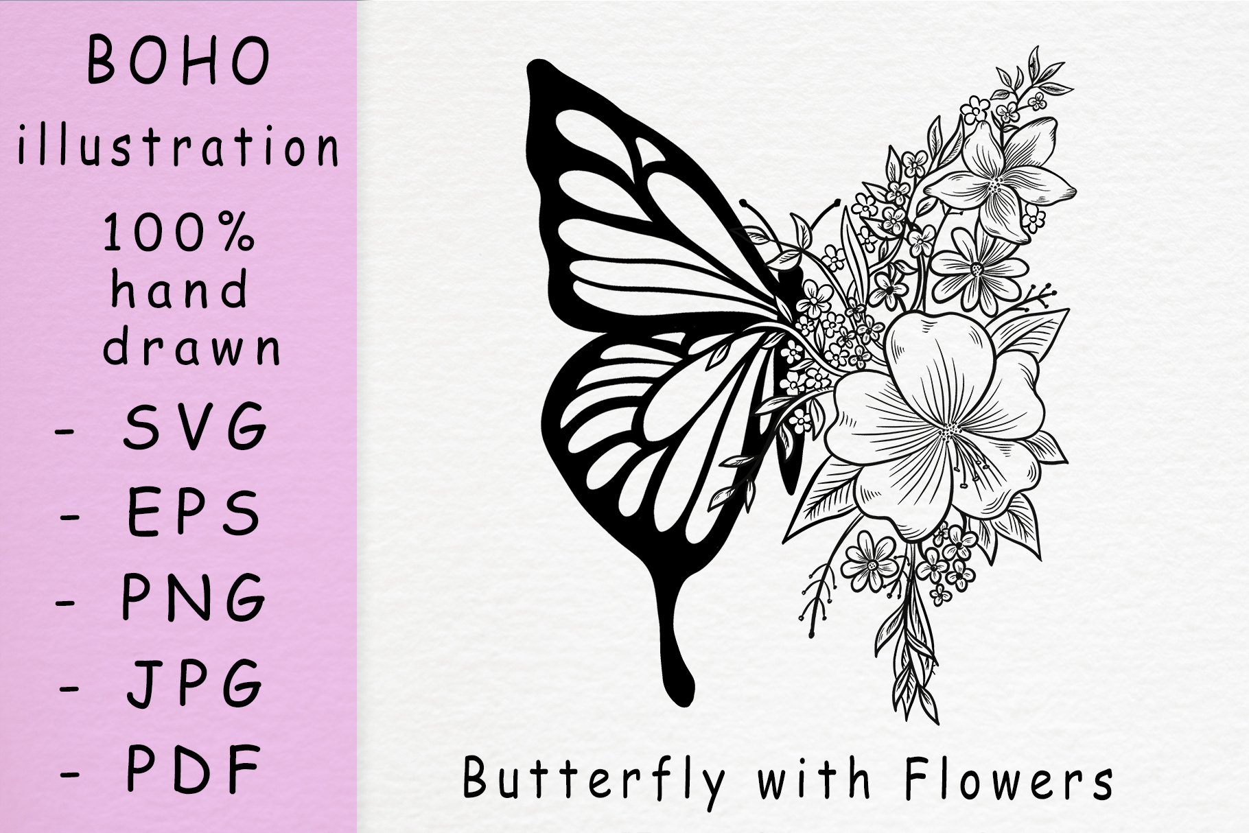 Boho illustration / Butterfly with flowers