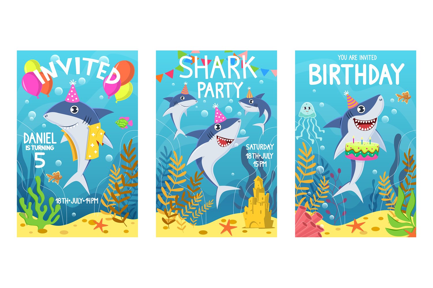 Invitations card with cute sharks. Color greeting card, unde (949136 ...