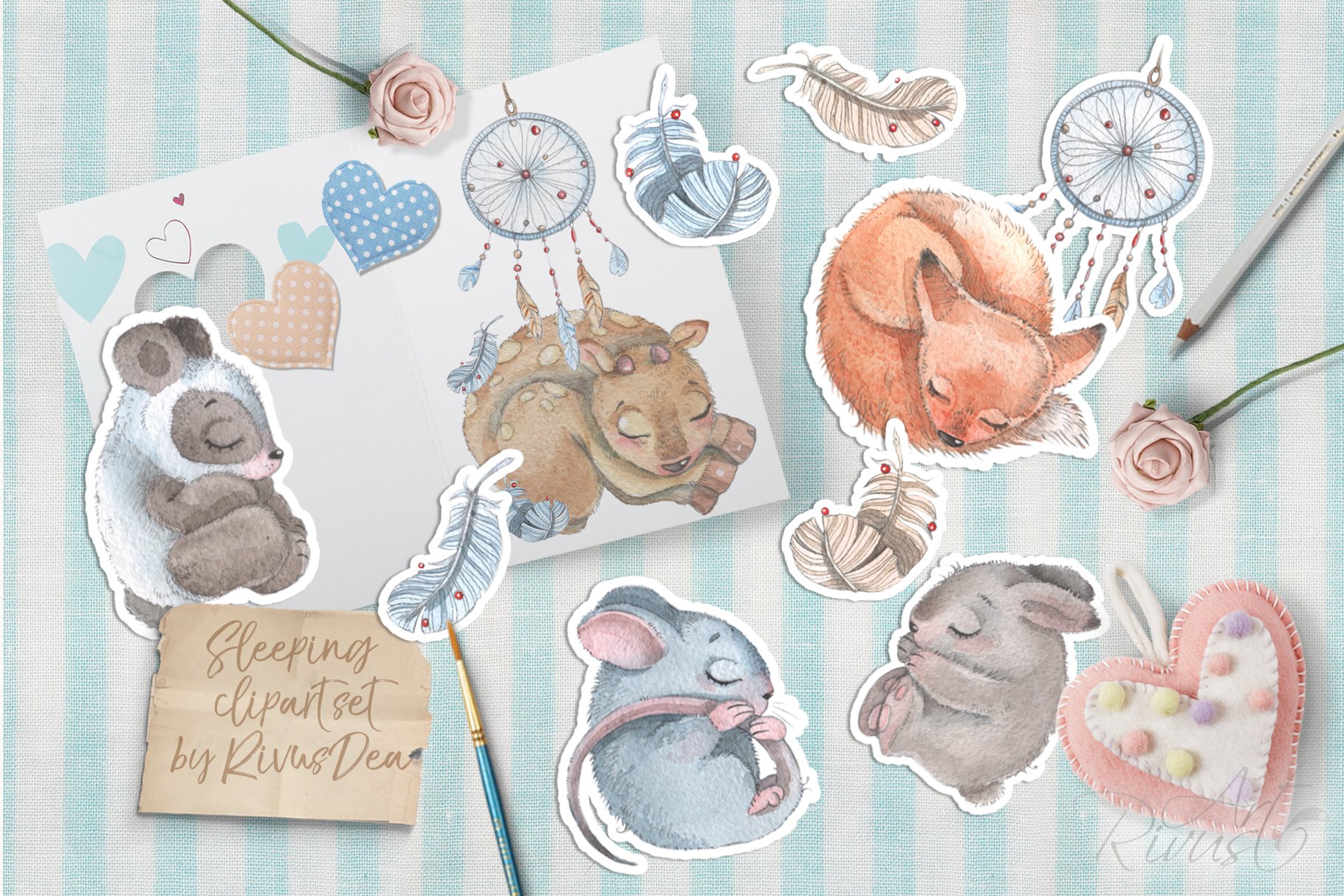 Cute sleeping baby animals watercolor clipart kit (153439 ...