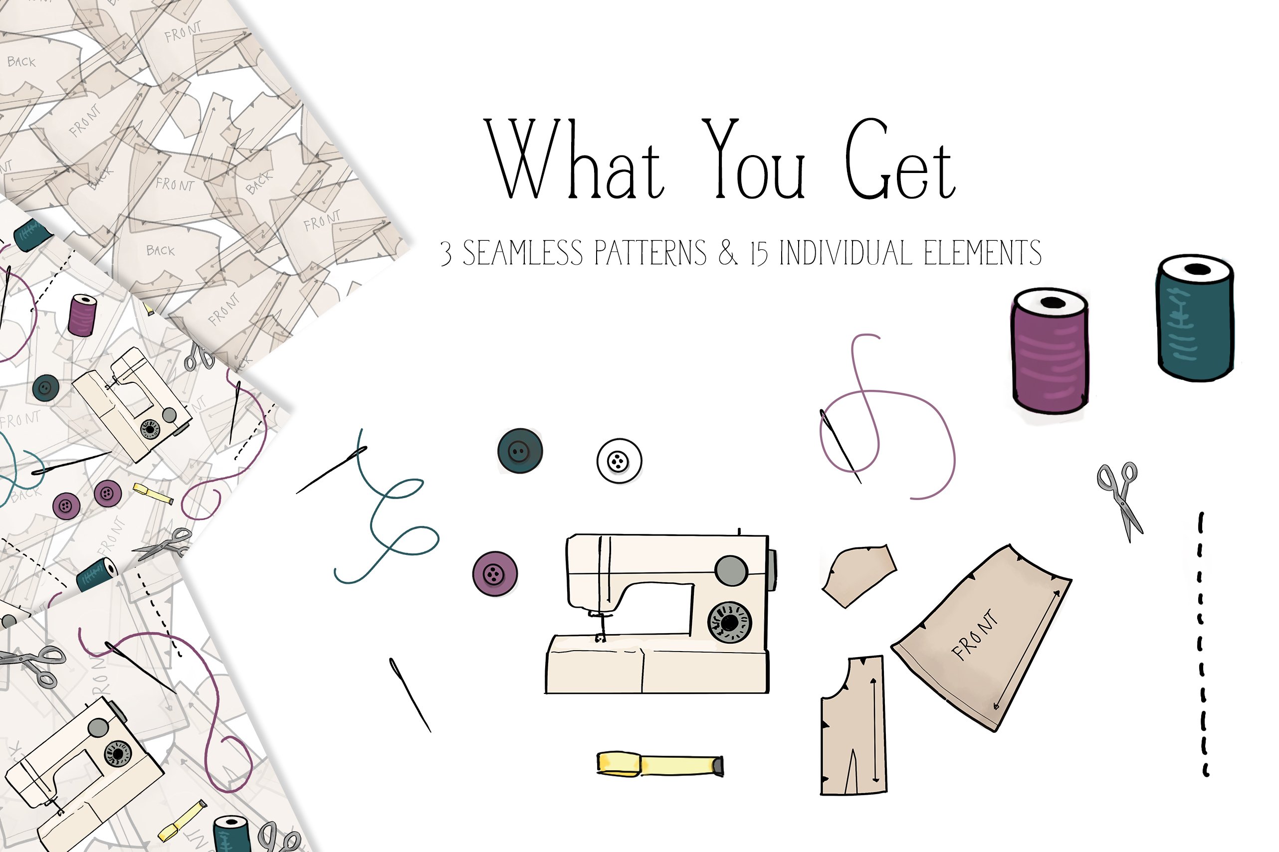 Sewing Set Patterns and Clip Art elements (901978) | Patterns | Design ...