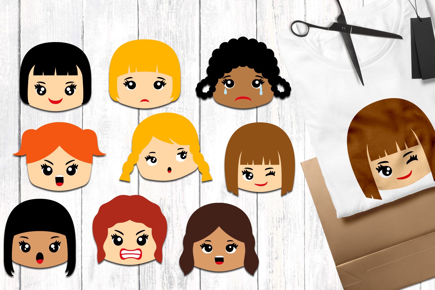 Girl faces with emotion clip art illustrations (258311) | Illustrations ...