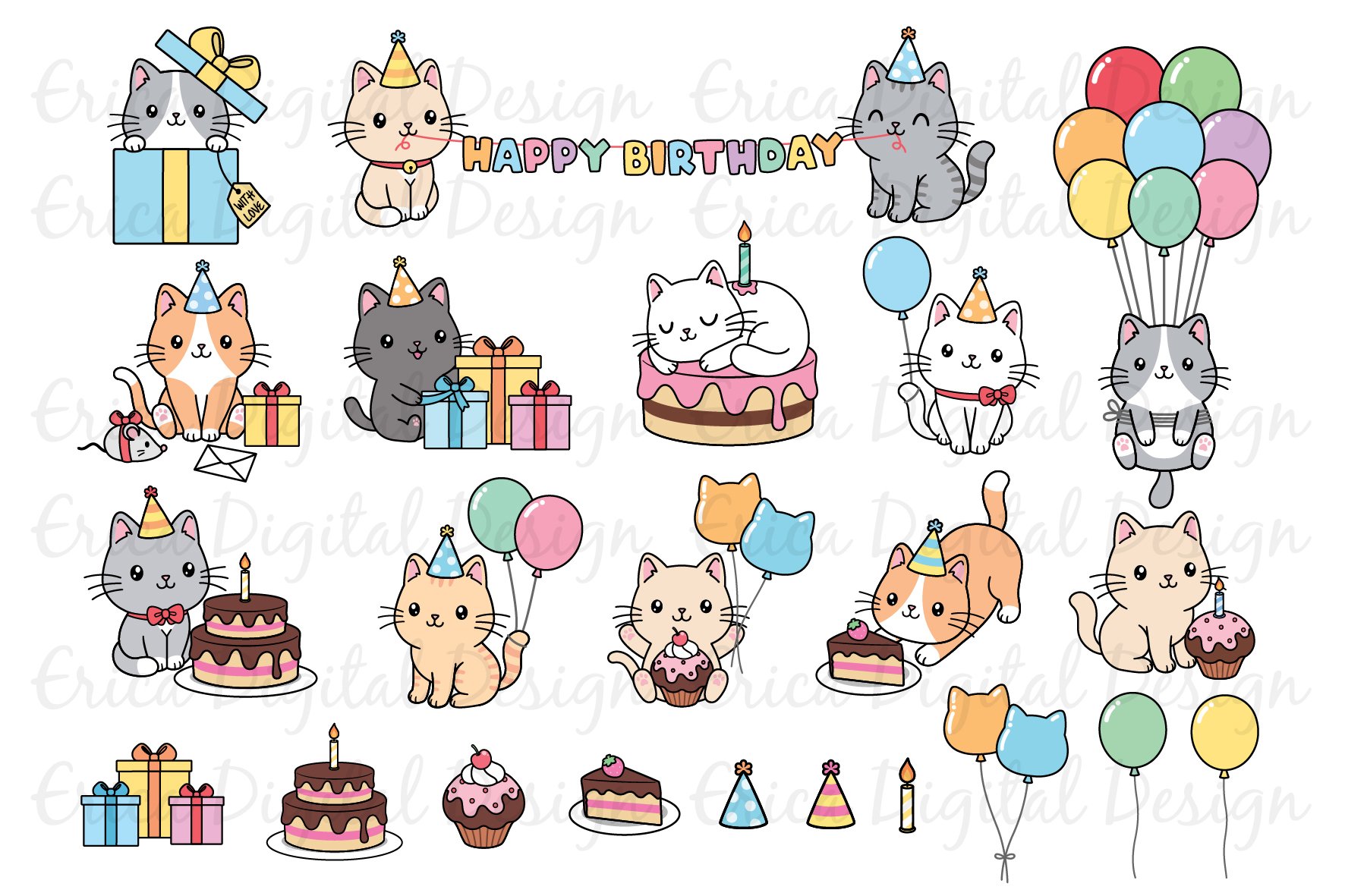 Birthday Cats clipart set - 22 cat party images - Bundle (520234 ...
