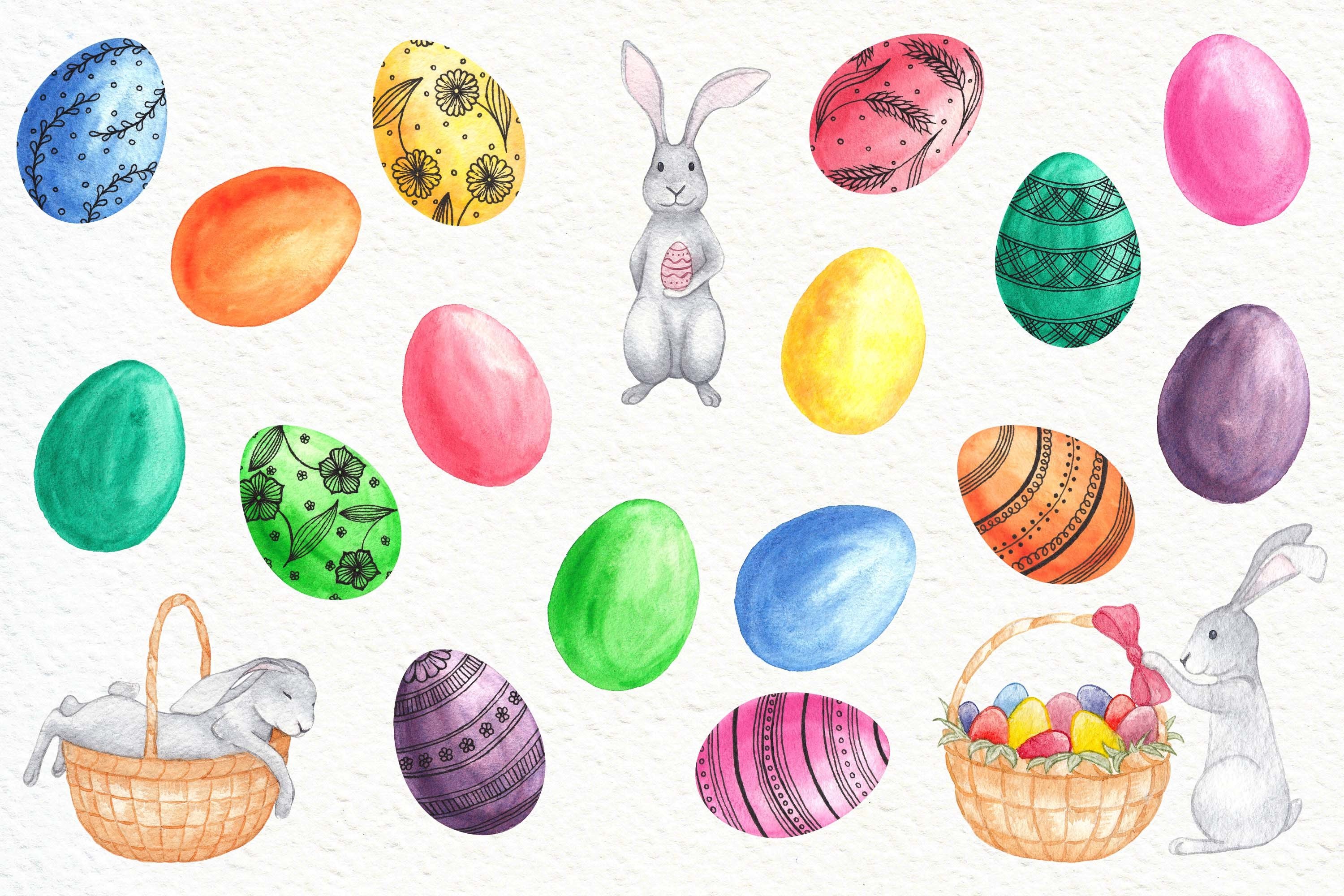Watercolor easter rabbits and colourfull eggs. Clip art set (419685 ...
