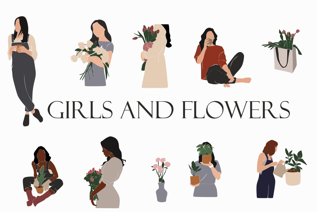 girl with flowers, abstract girls, spring clipart, black (1271705 ...