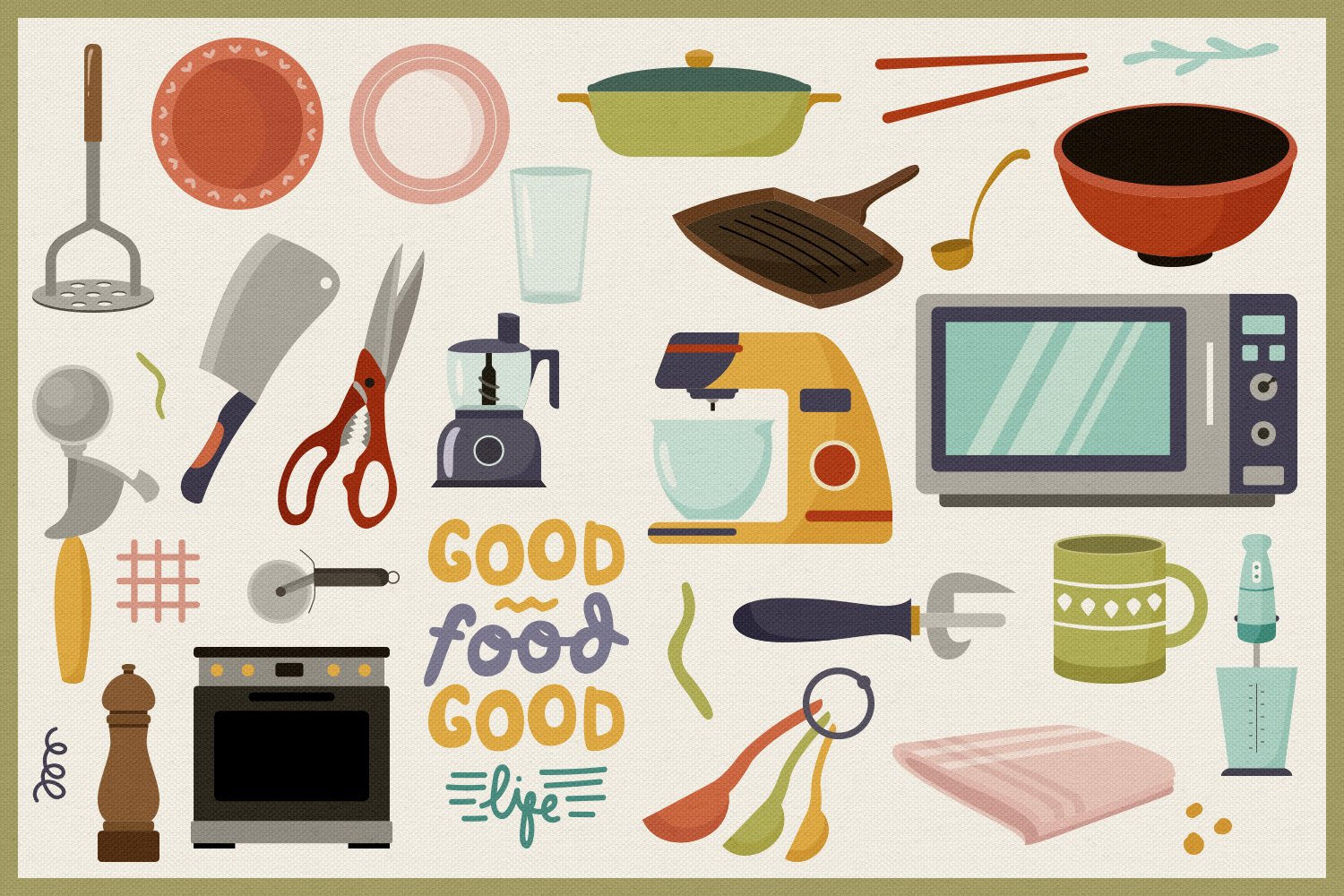 Kitchen Utensils Vector Clipart and Seamless Pattern