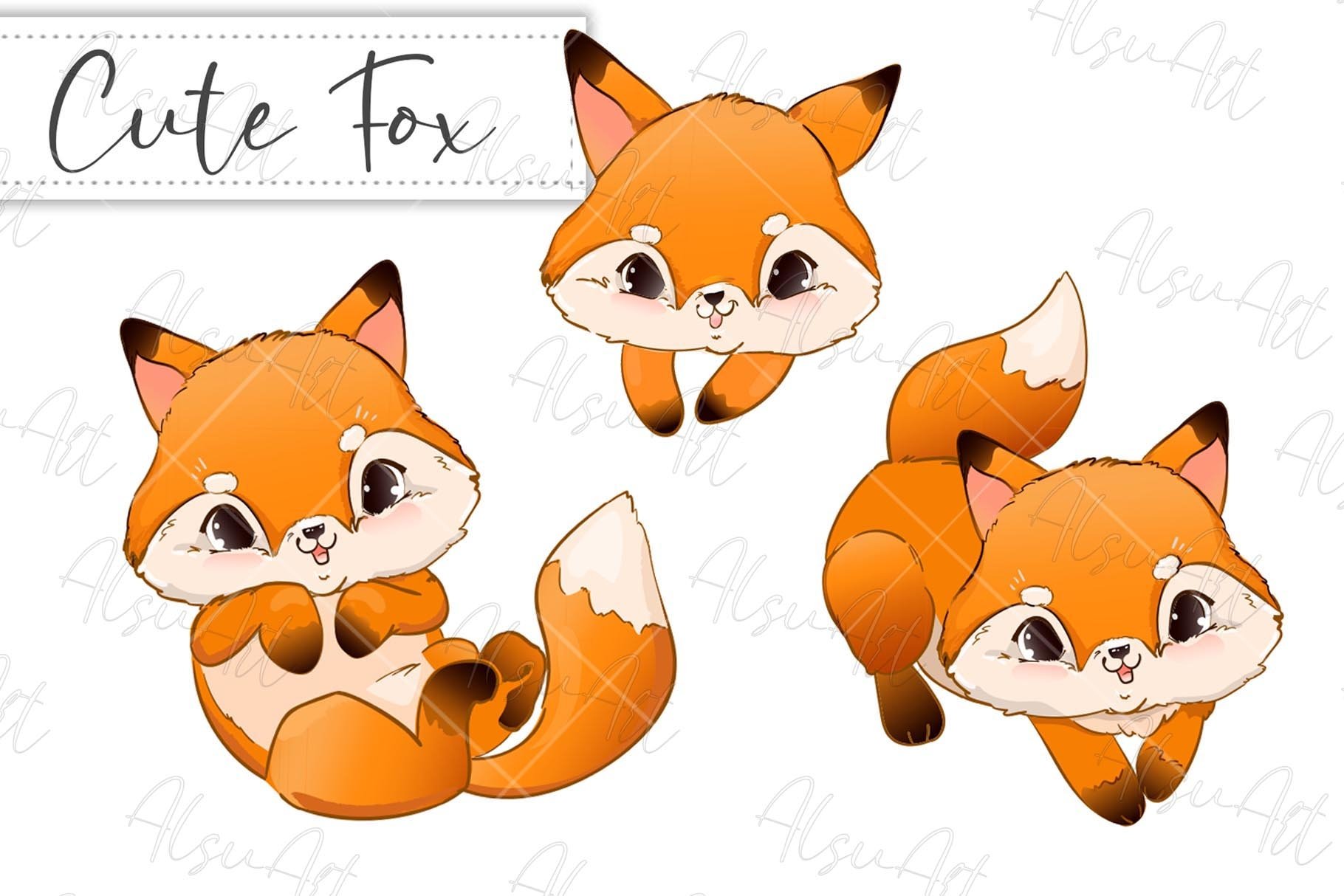 Hand drawn set cute little fox (890453) | Illustrations | Design Bundles
