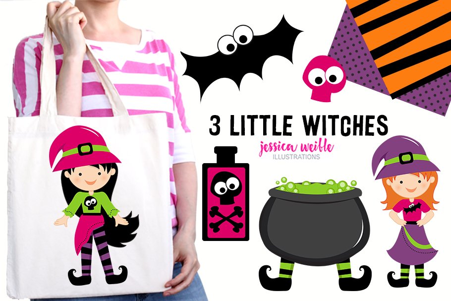 3 Little Witches Halloween Clipart Graphics Collection (141459 ...