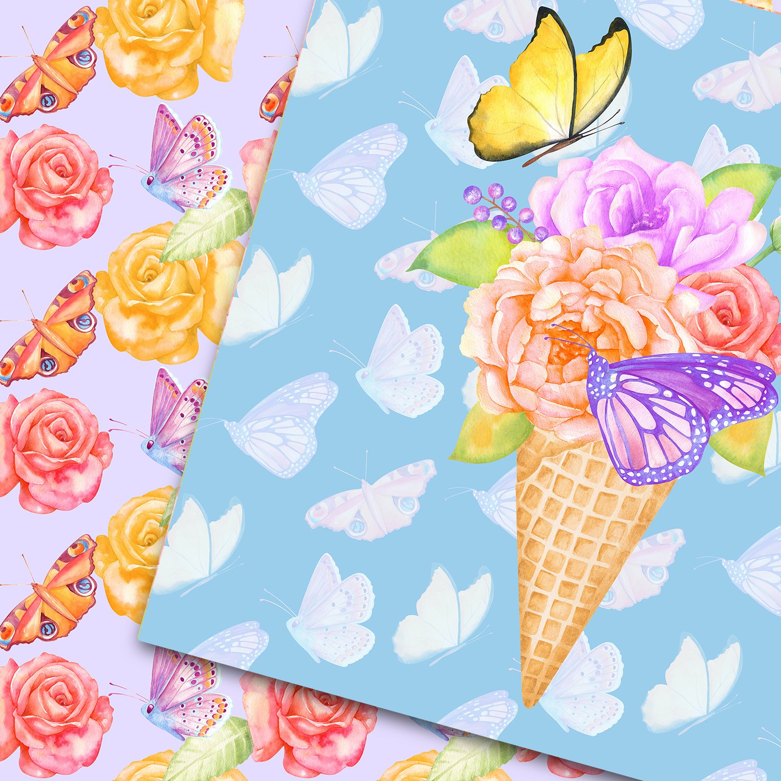 Watercolor flowers and butterflies digital paper pack (460738 ...