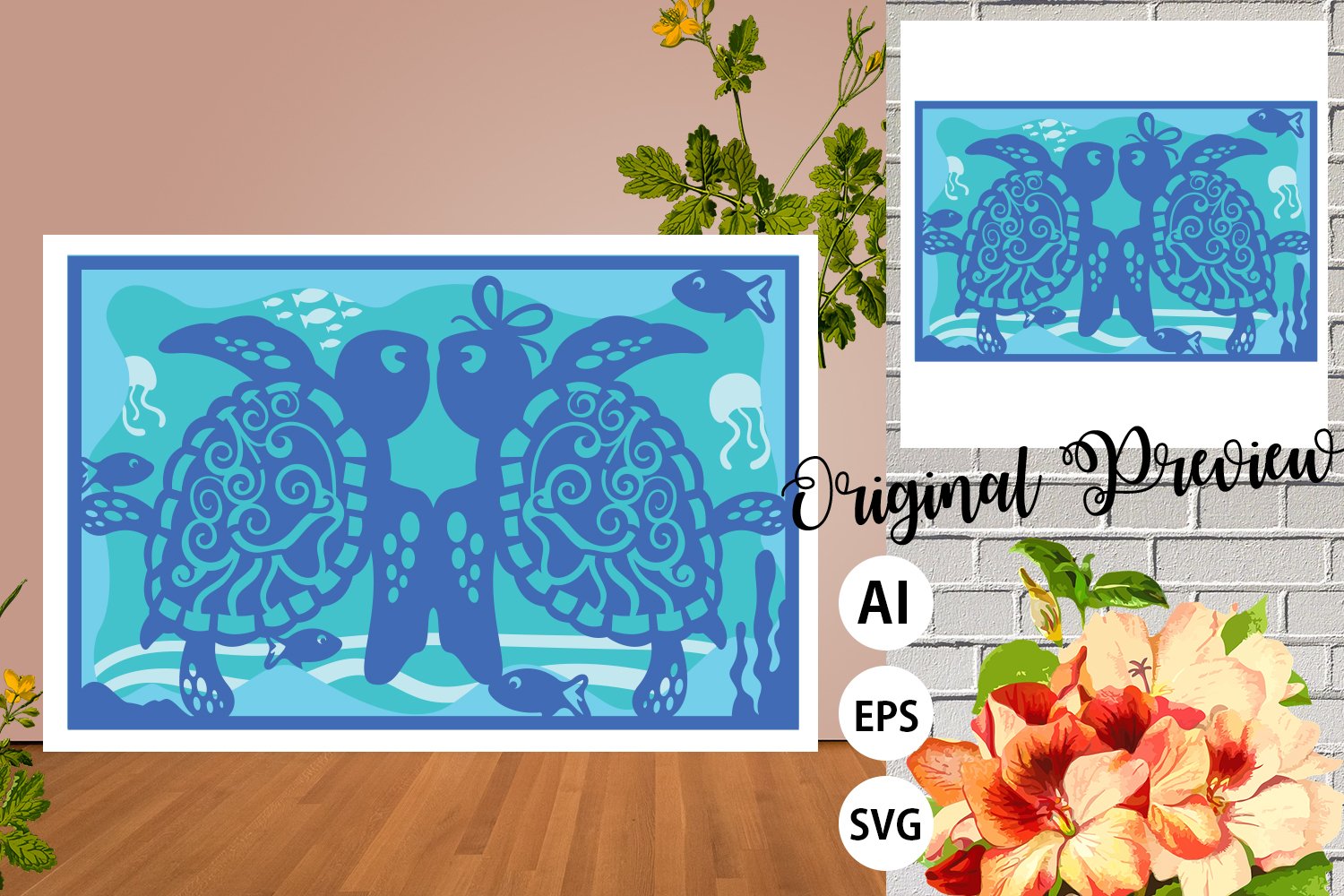 Layered Papercut Loving Turtle Sea Life, Paper Craft Artwork