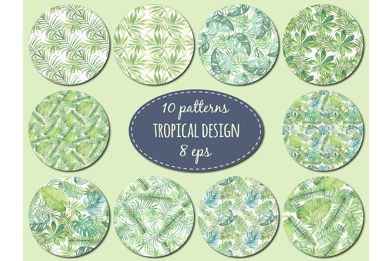 Tropical designs in watercolor. (14174) | Patterns | Design Bundles