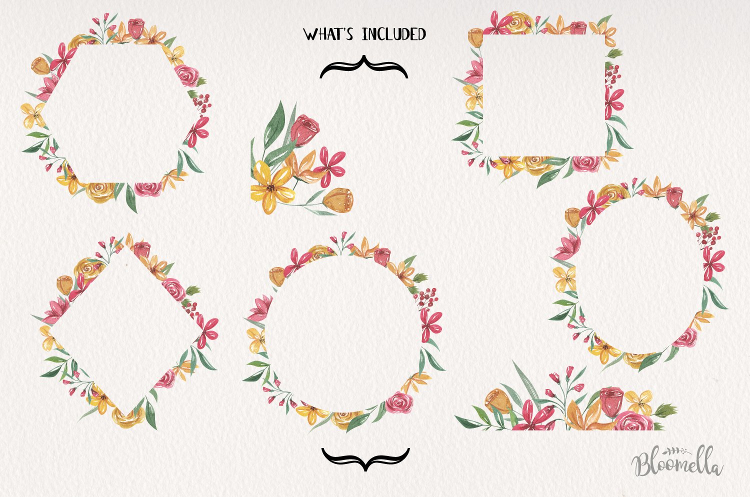 Mustard Pink Florals Flowers 7 Pretty Frames Watercolors