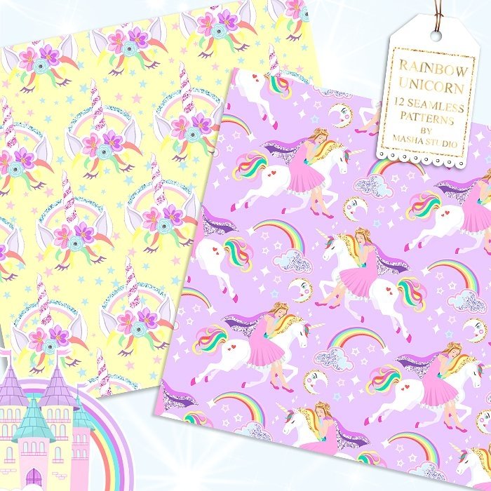 RAINBOW UNICORN digital paper pack (83677) | Patterns | Design Bundles
