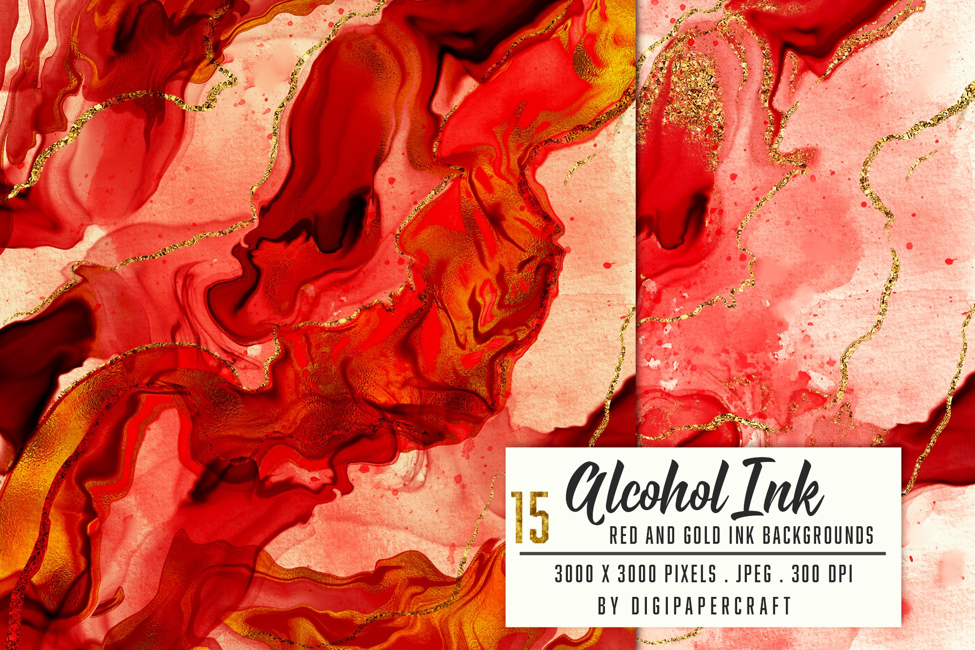 Alcohol Ink Digital Paper, Red and Gold Watercolor backdrops (898619 ...