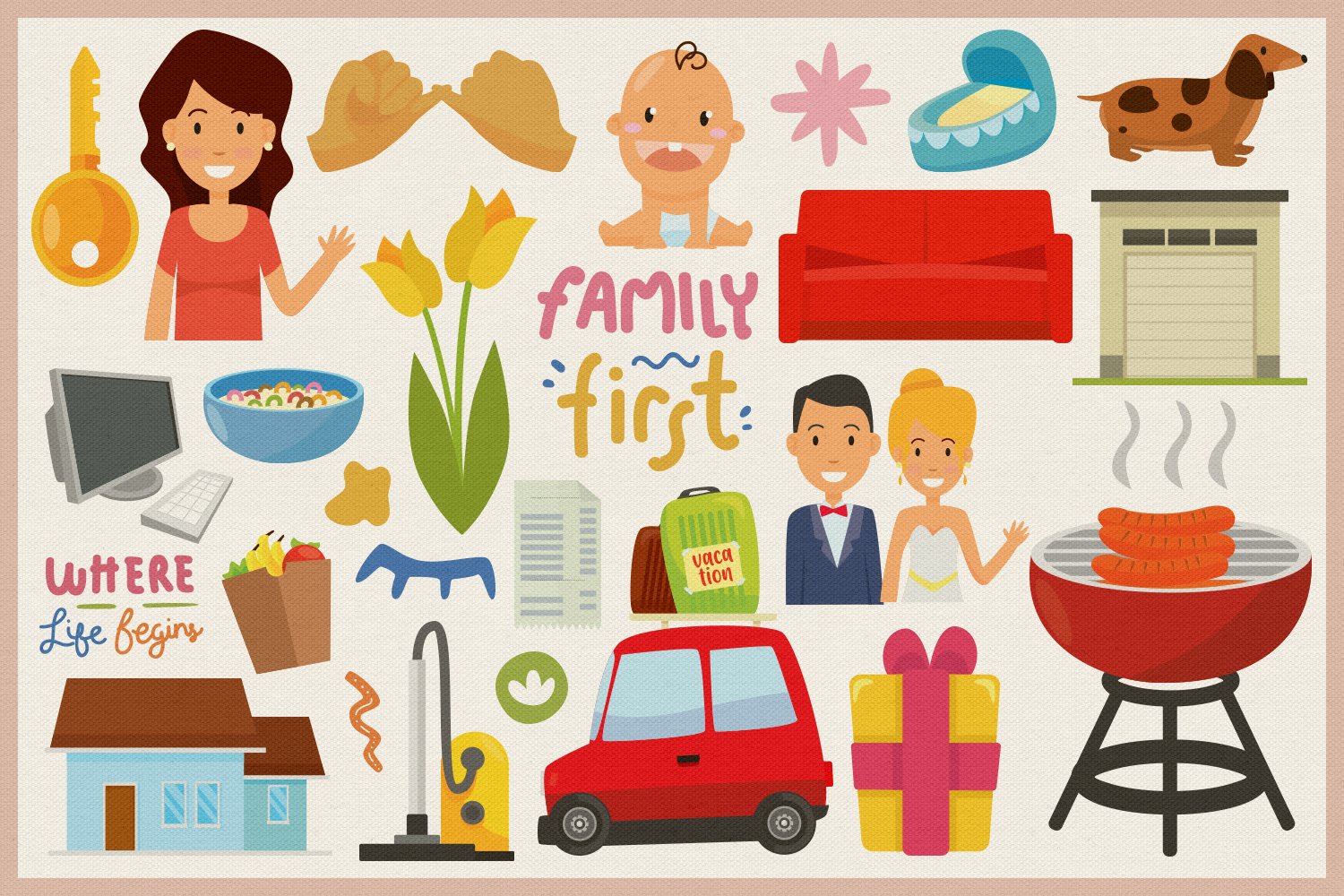 Family Life Vector Clipart and Seamless Pattern