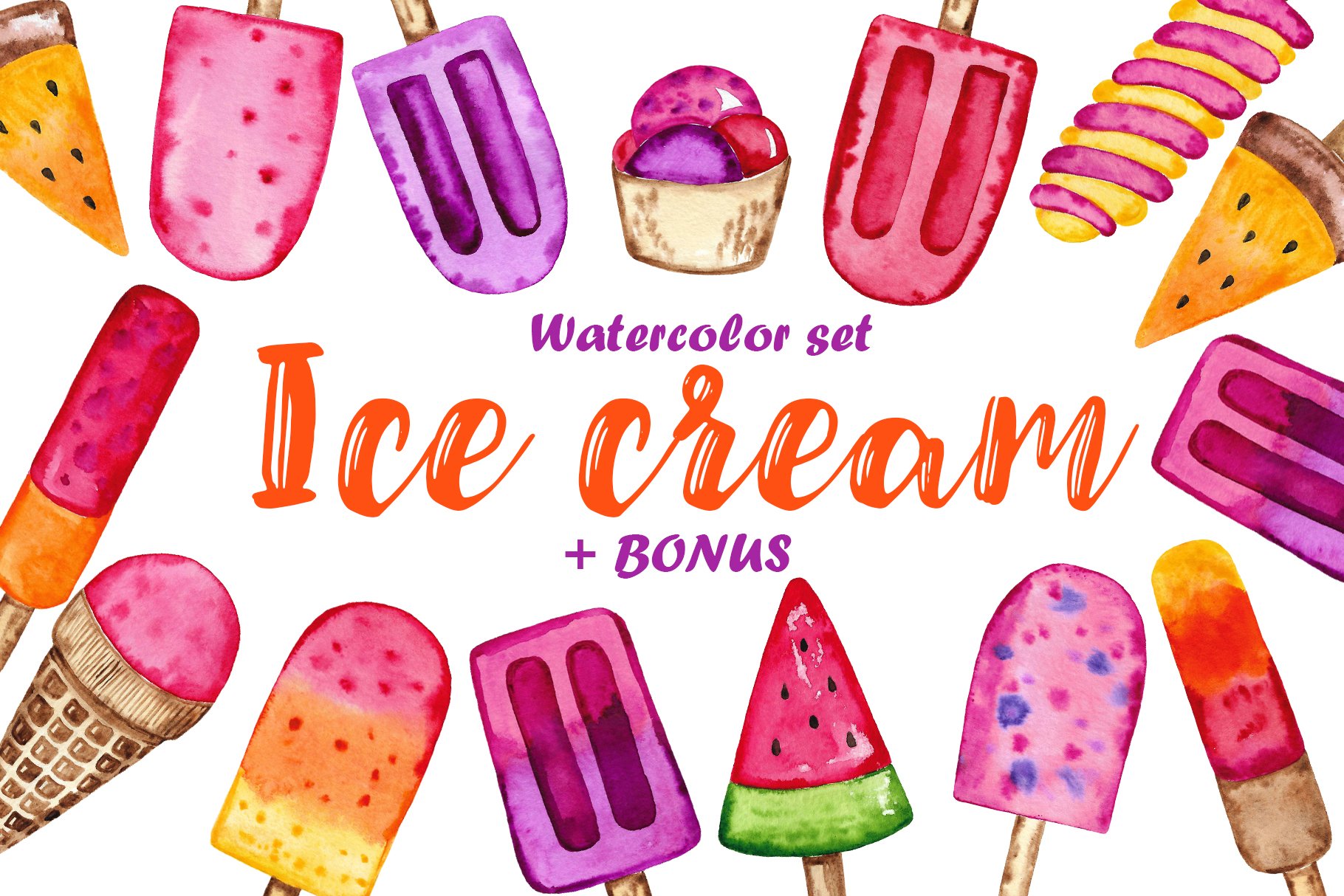 Ice cream. Watercolor set. Bonus (266538) | Illustrations | Design Bundles