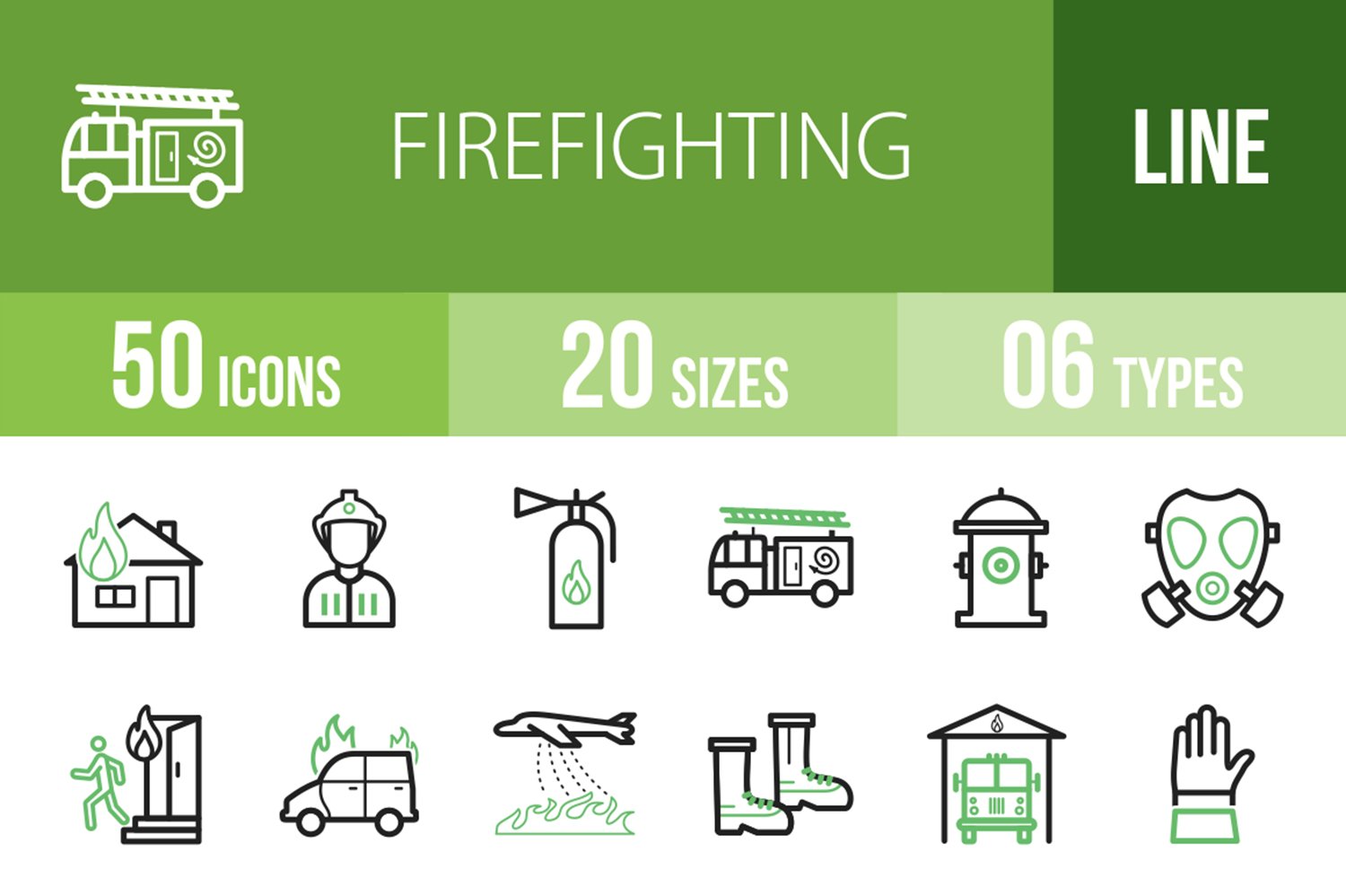 50 Firefighting Line Green & Black Icons (168307) | Icons | Design Bundles