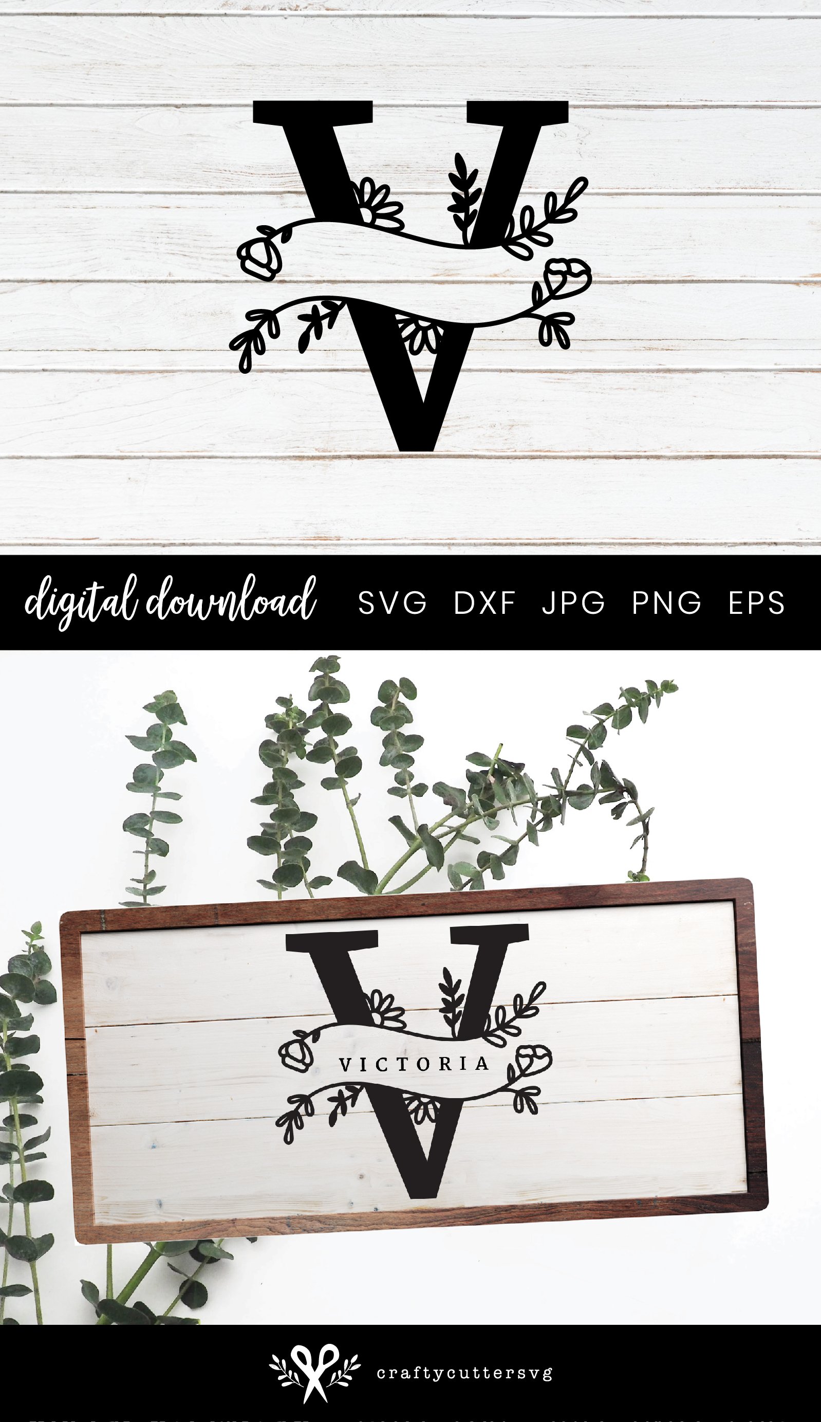 V Split Monogram Letter Handdrawn Botanical Flower Leaves (356981 ...