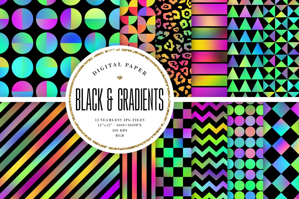 Seamless Geometric Patterns - Bright Gradient & Black (1342966 ...