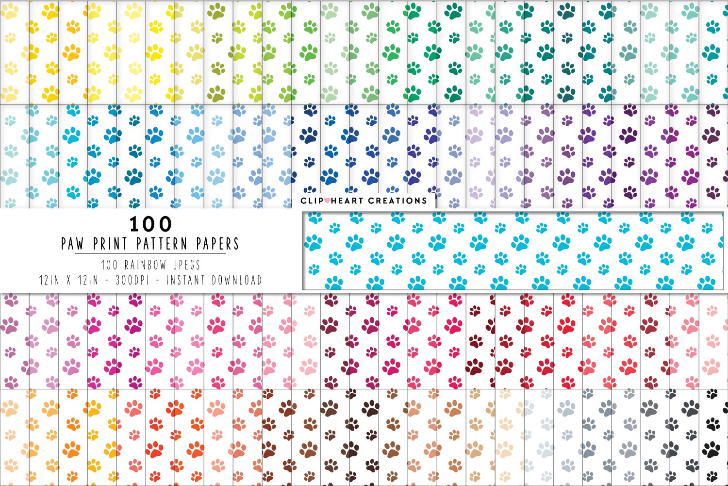 100 Color Paw Print Pattern Digital Papers - rainbow colors (124176 ...