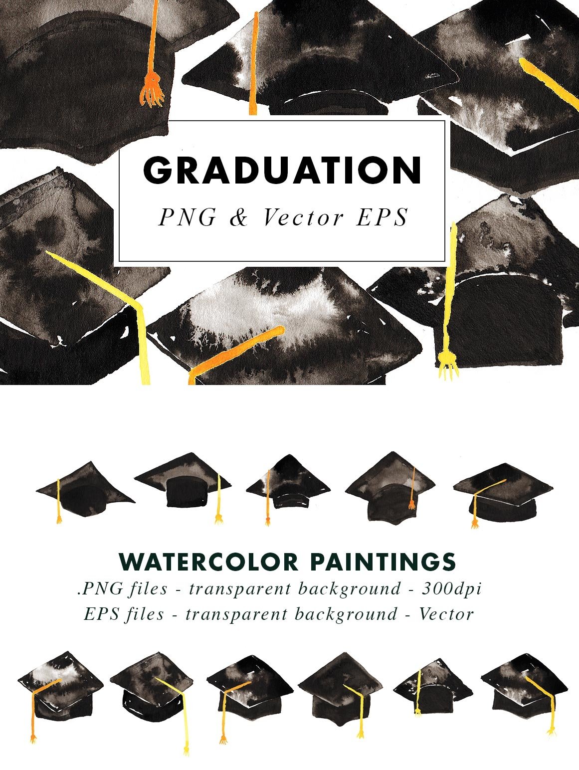 Graduation Hats| Watercolor PNG & Vector EPS