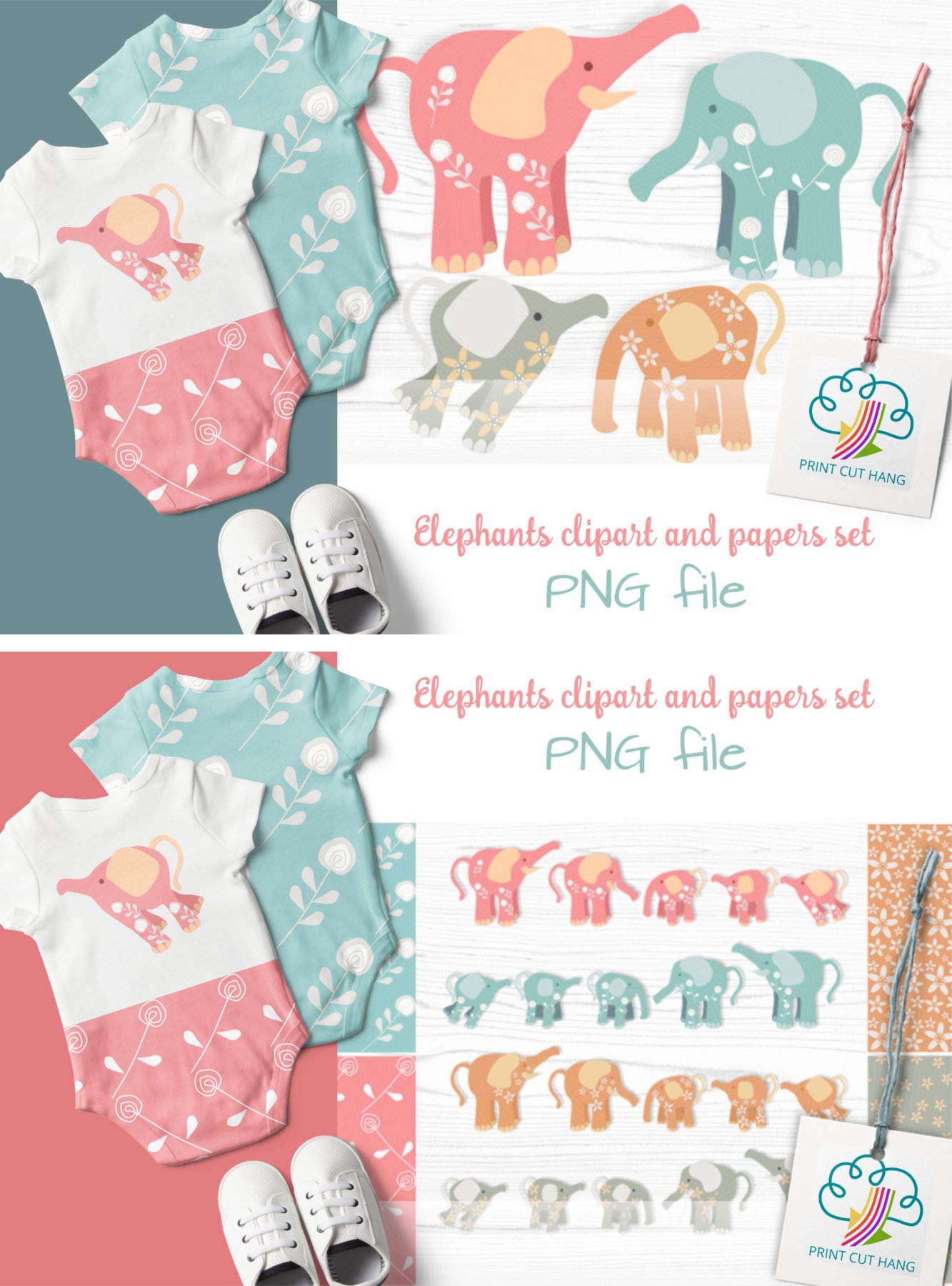 Elephants ClipArt and Matching Color Digital Papers PNG file