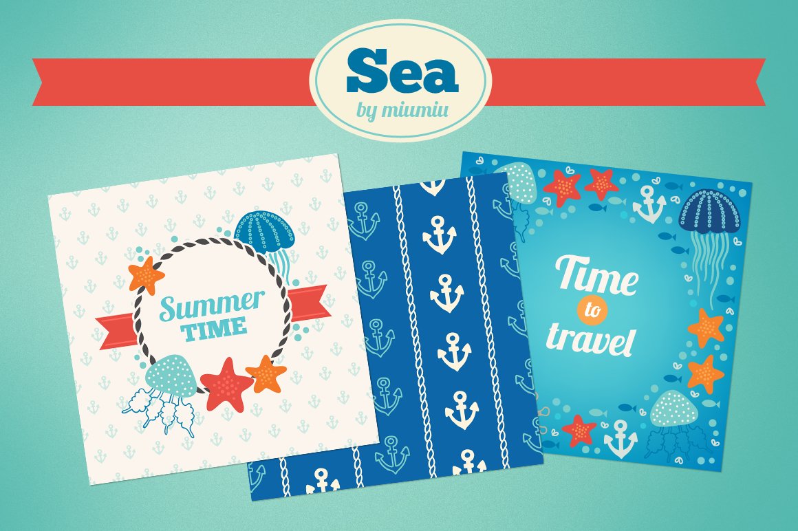 Sea Greeting Cards and Seamless Patterns (243725) | Patterns | Design ...