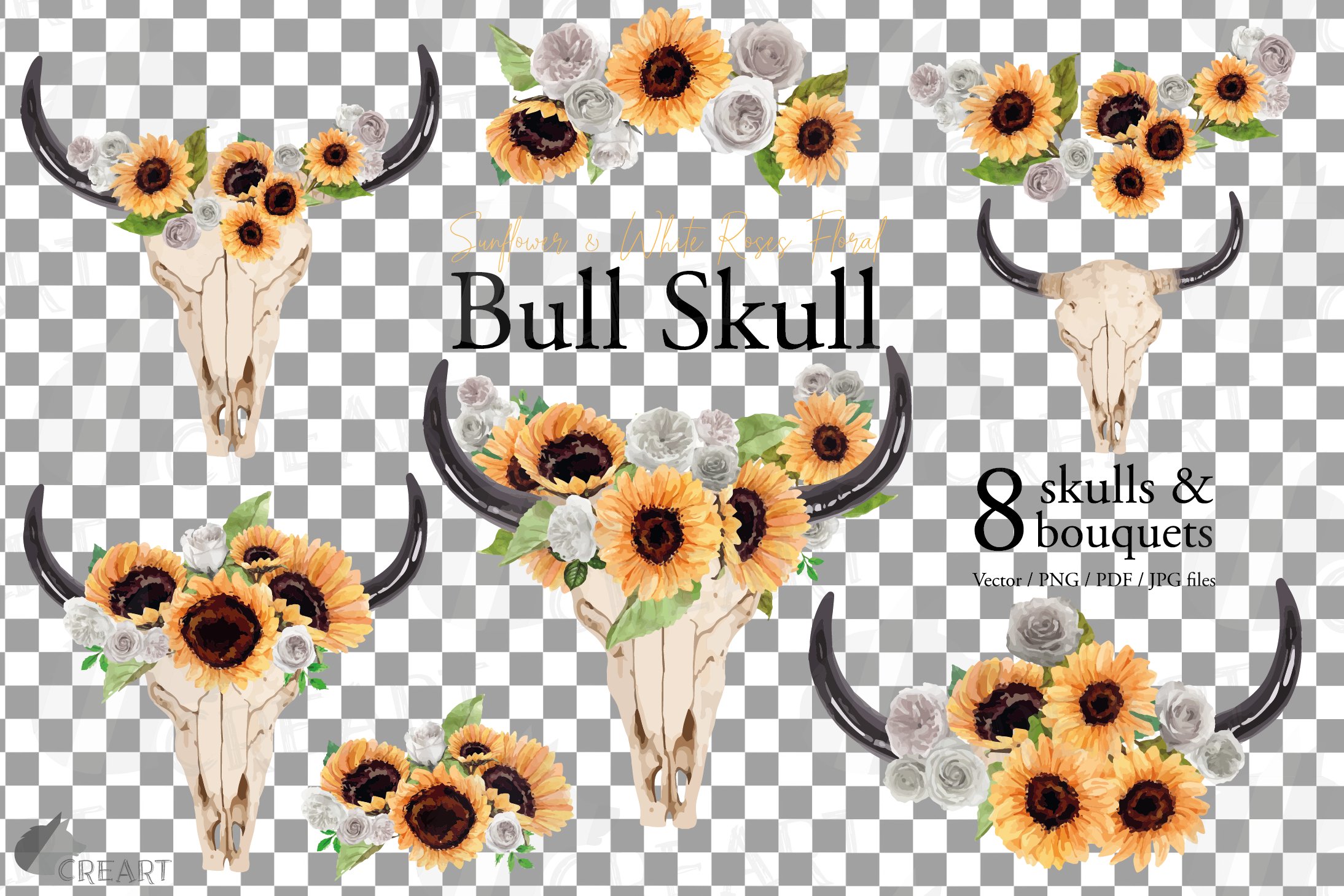 Sunflowers & white roses watercolor floral bull skull design (1201375 ...