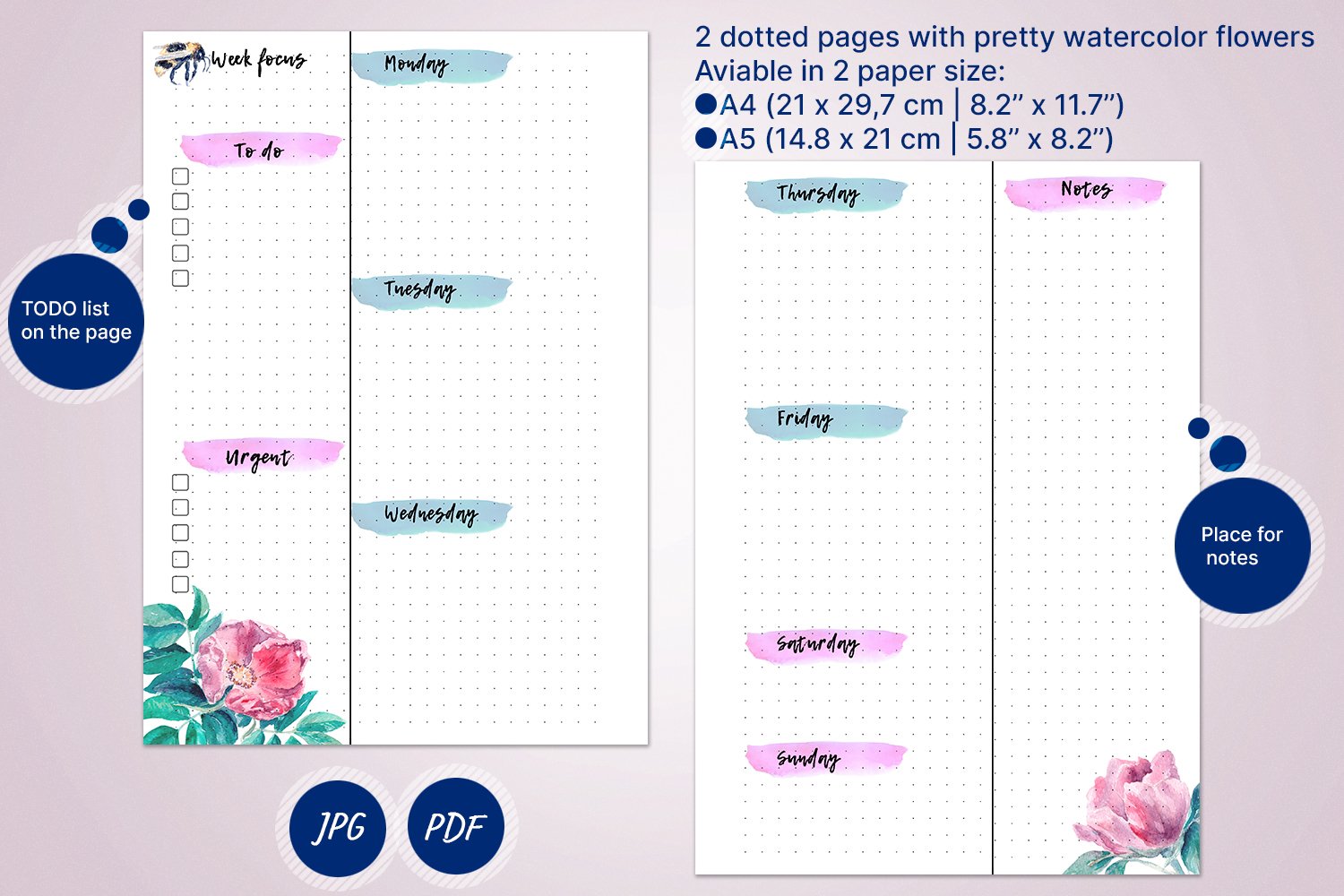 Undated weekly planner's sheets with watercolor flower (1018259 ...