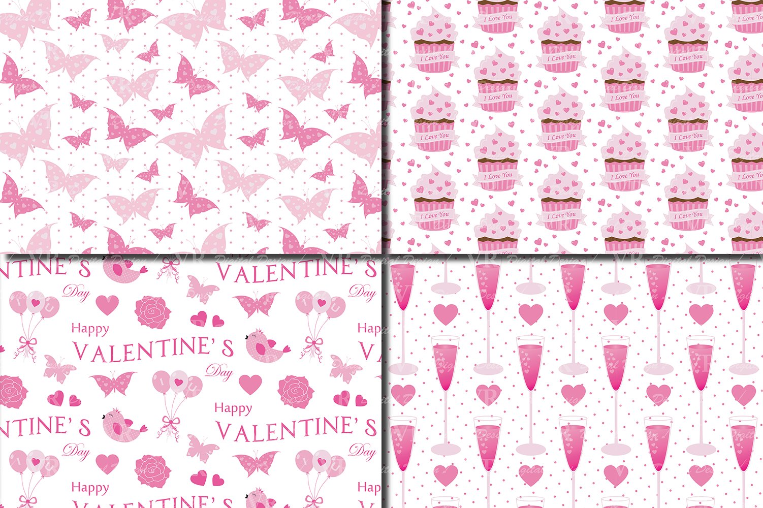 Pink Valentine`s Day Digital Paper Pack with Hearts, Cupcakes ...