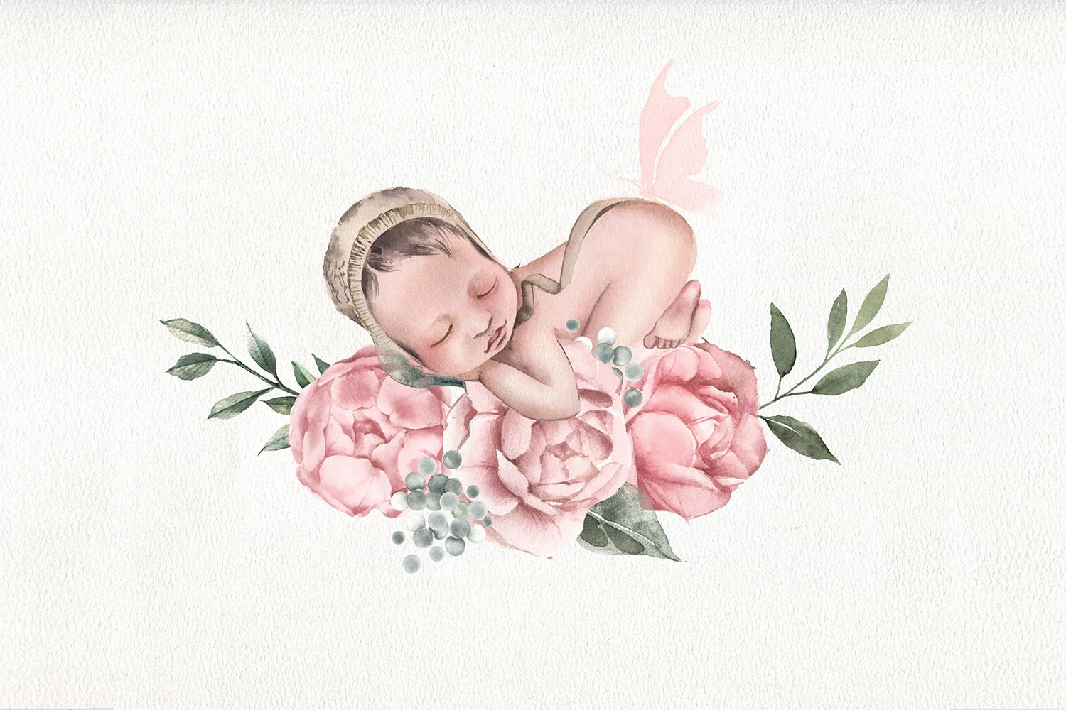 Watercolor clipart newborn baby and delicate flowers. (926840 ...