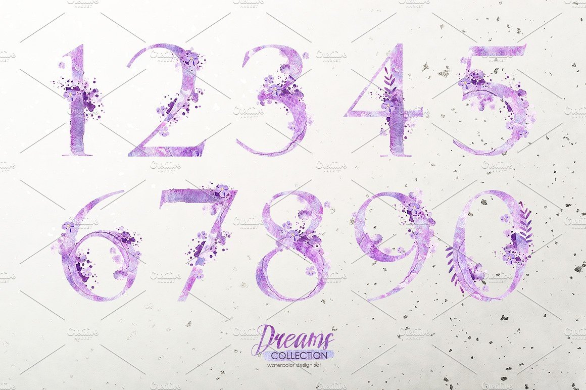 Watercolor numbers - DREAMS (63929) | Illustrations | Design Bundles