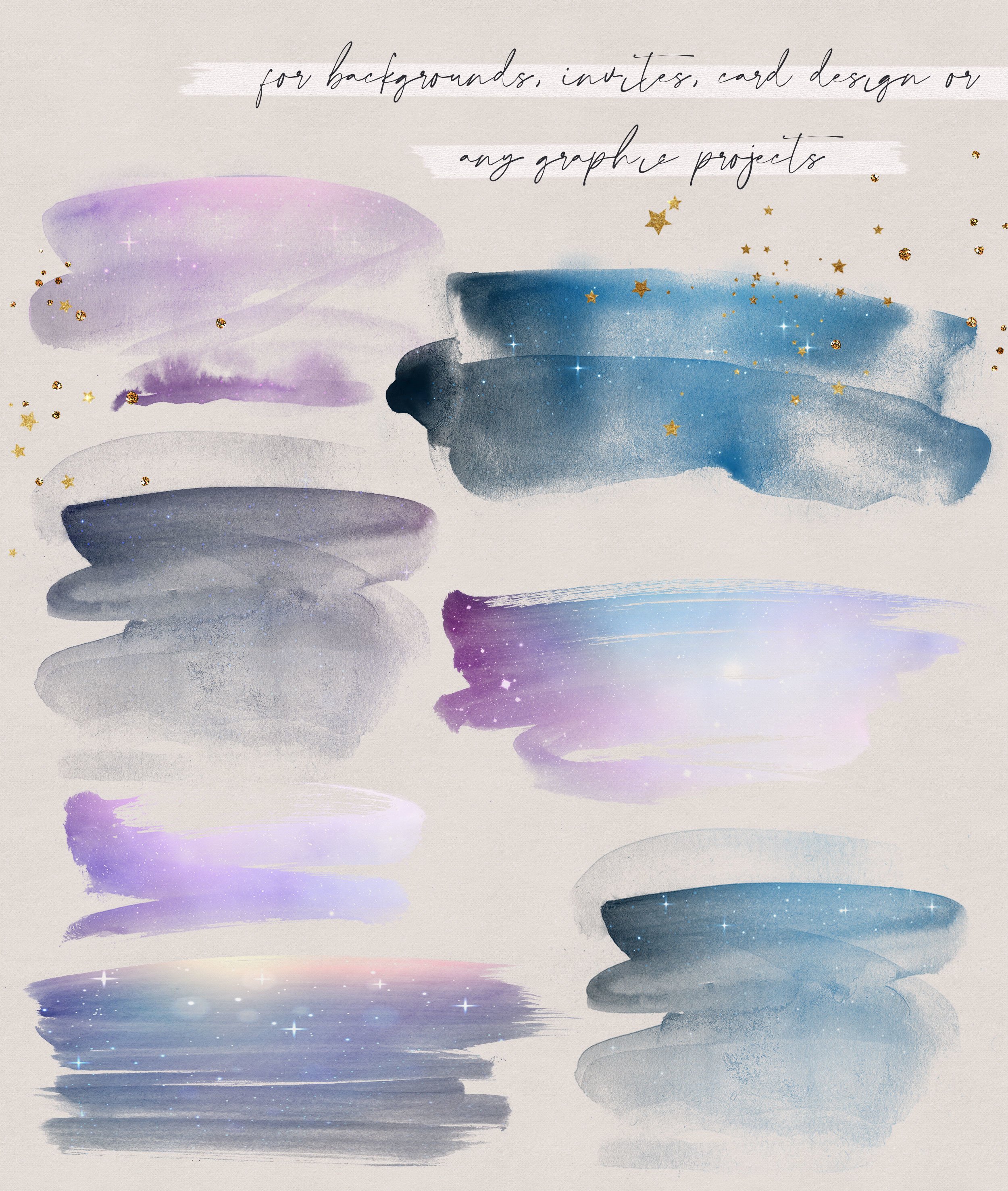 Galaxy Watercolor Brushes & Gold PNG 60 Transparent Elements
