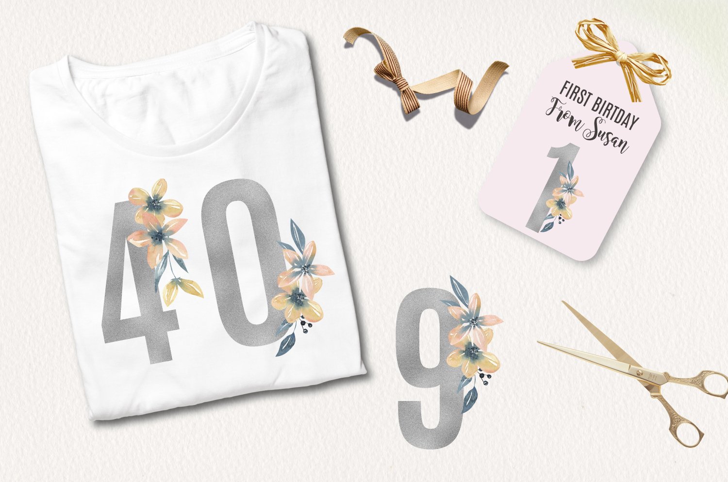 Watercolor Hand Painted Elements 0 - 9 Florals Silver Flower