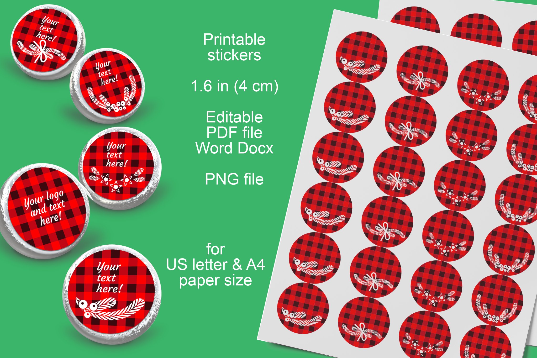Red Christmas Checkered Small Round Labels 1.6 in Editable