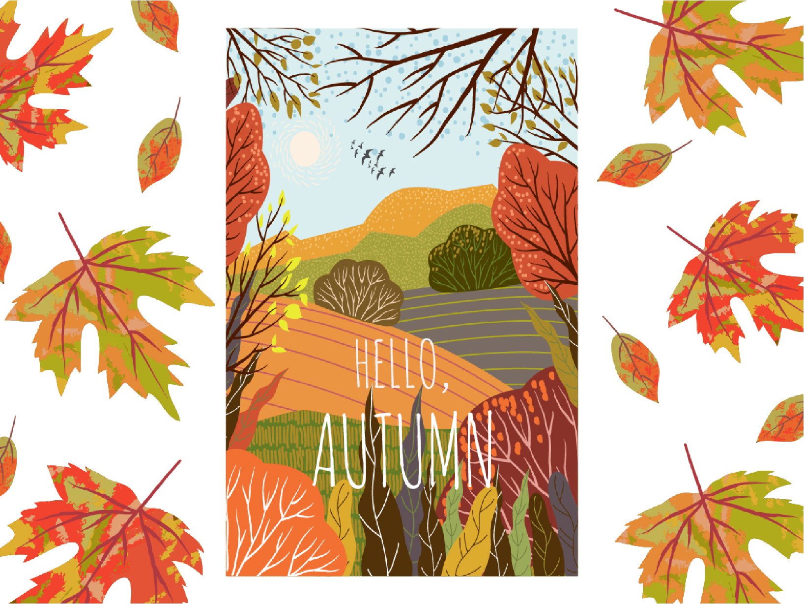 Fall postcard set with girls and coffee mug cozy, hand drawn (888874 ...