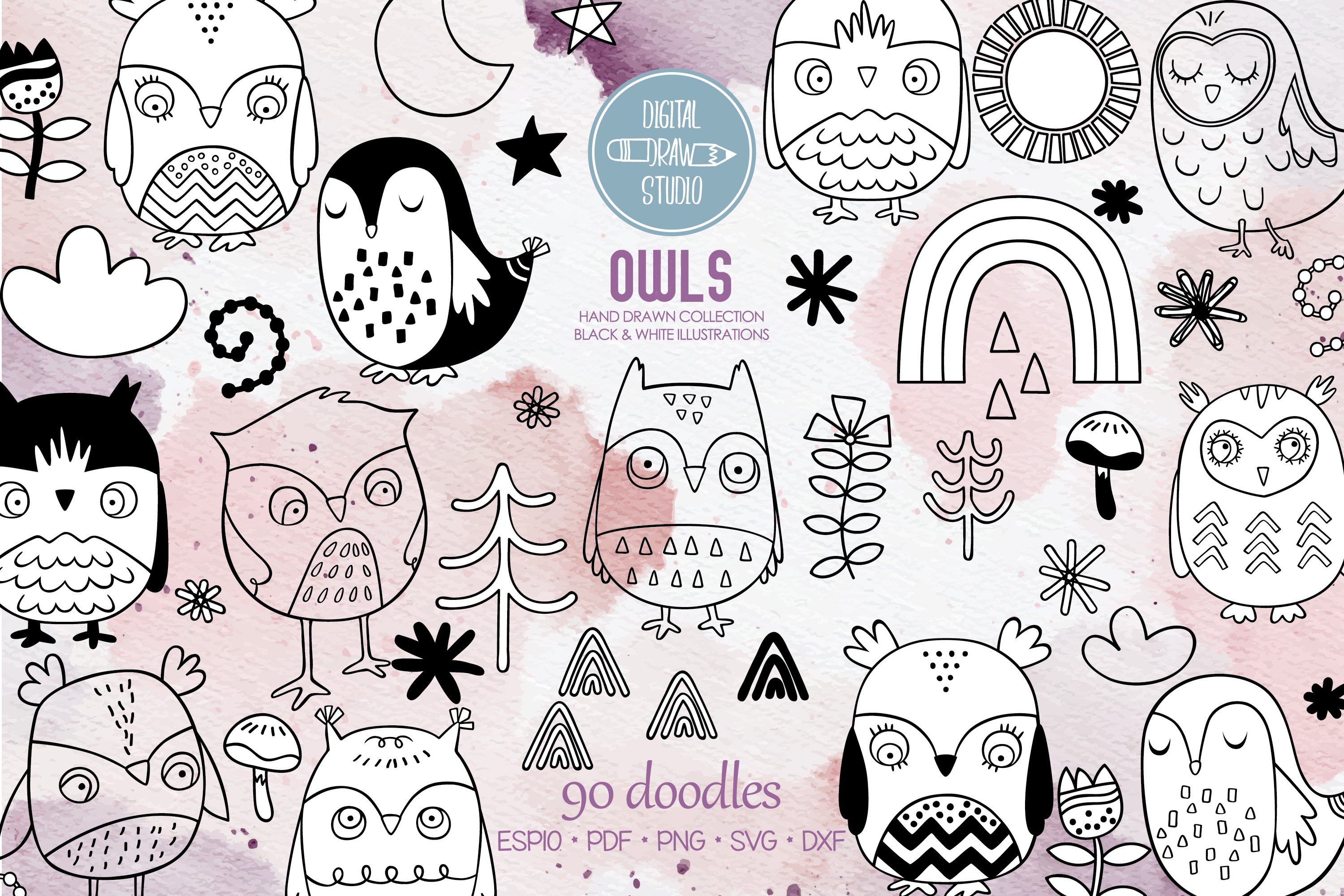 Owl Doodles | Hand Drawn Bird, Sun, Rainbow, Moon, Flowers (1218247 ...