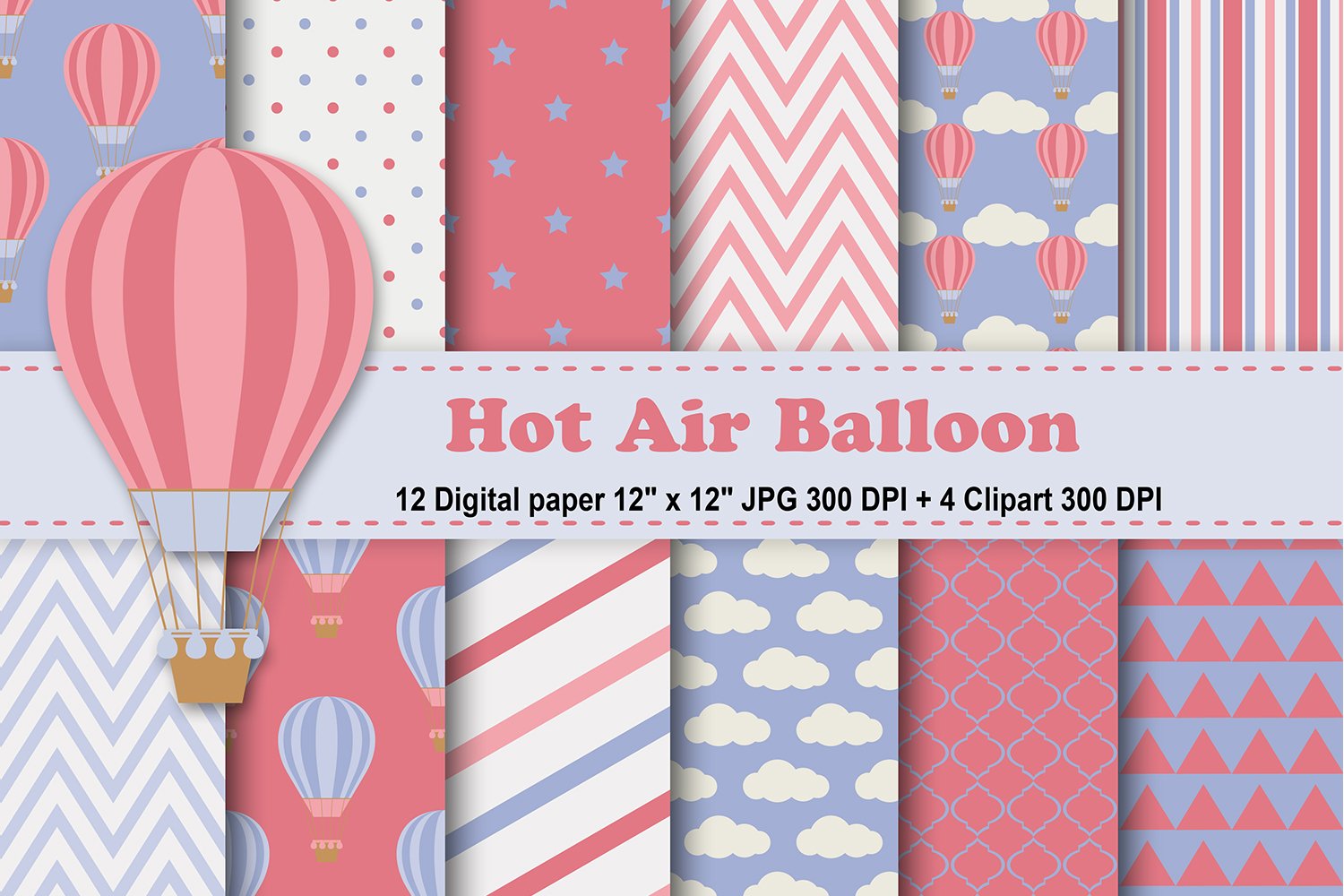 Hot Air Balloon Digital Paper, Vintage Balloon. (93643) | Backgrounds ...