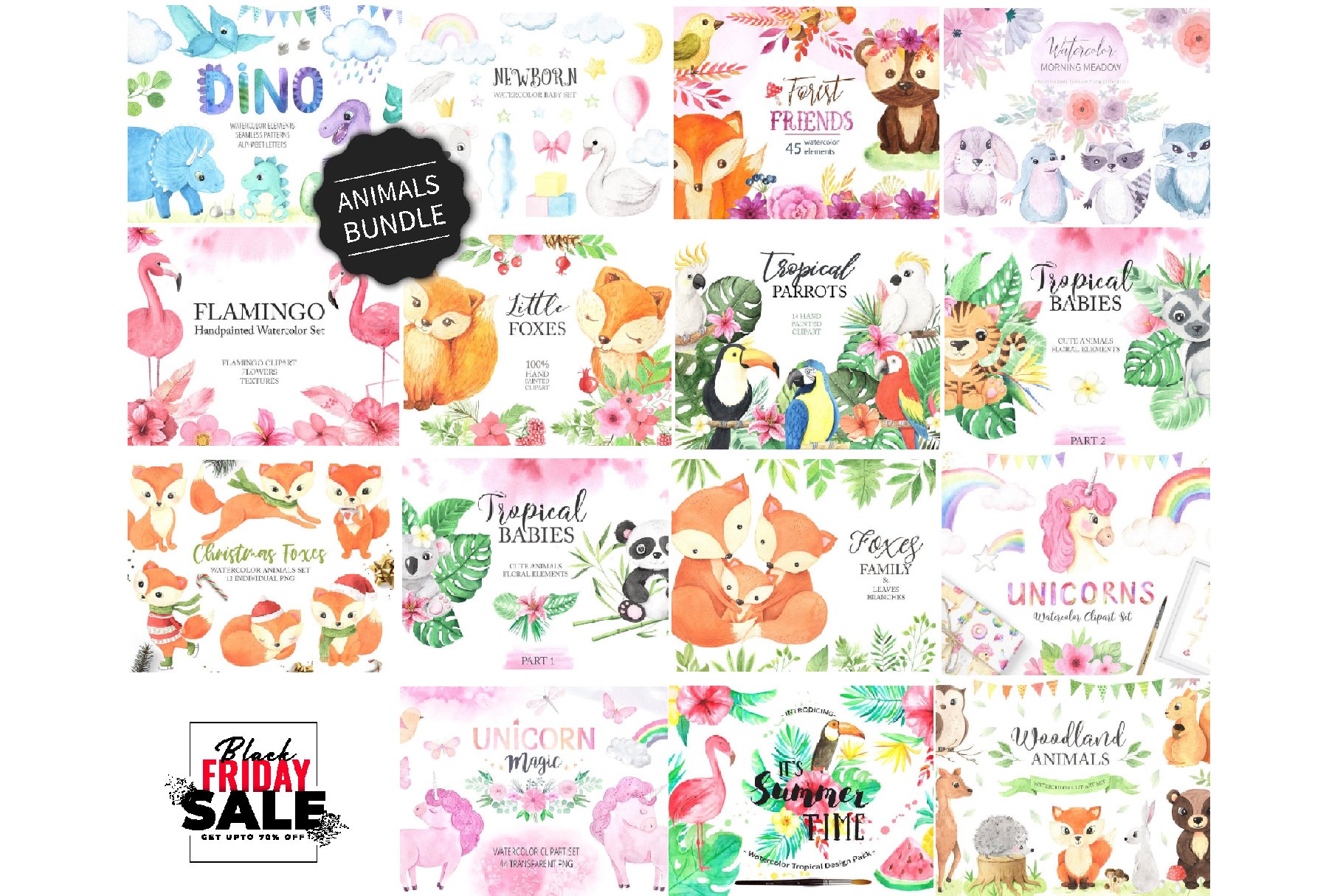 BUNDLE Watercolor Cute Animals (403190) | Illustrations | Design Bundles