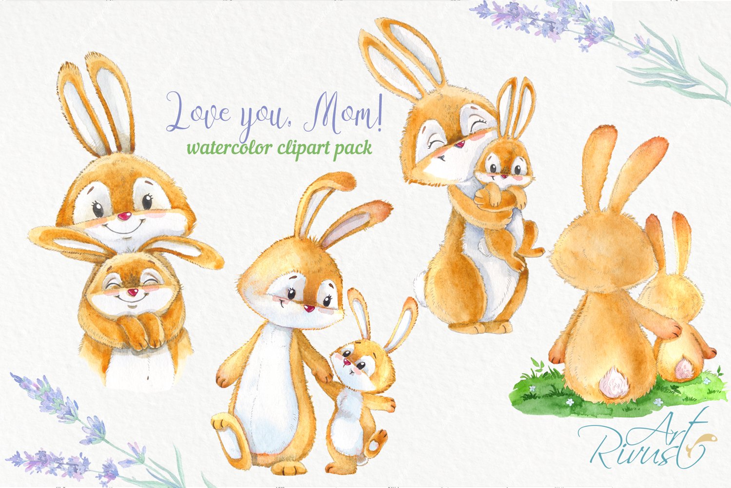 Cute bunny and mom Mothers day watercolor rabbits clipart (288931 ...