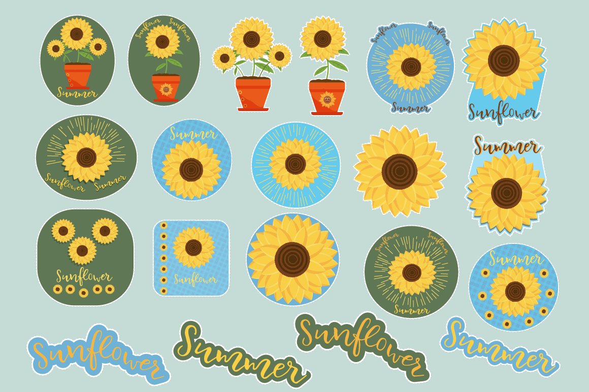 Sunflower stickers bundle. PNG PDF SVG. (903383) | Stickers | Design ...