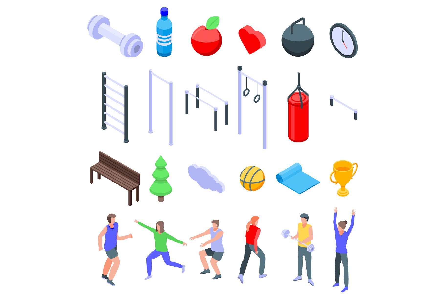 Outdoor fitness icons set, isometric style