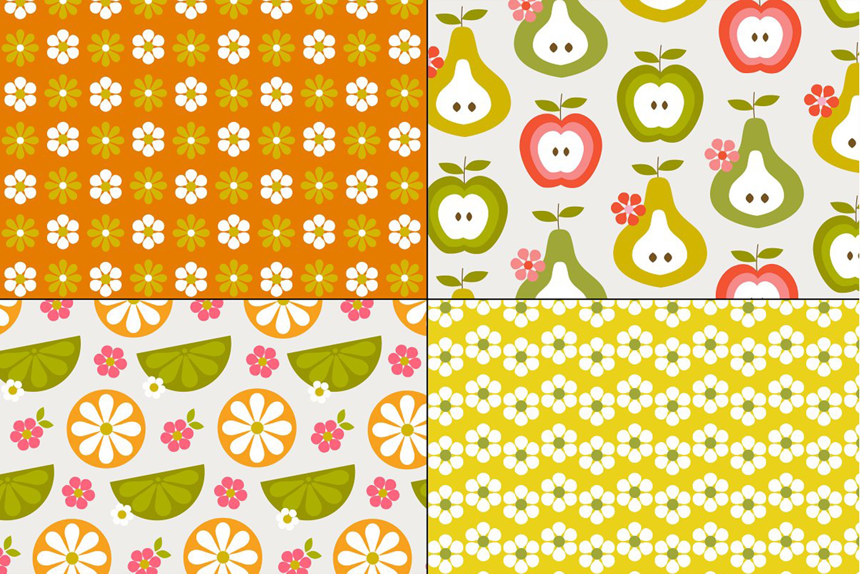 Retro Fruit & Flower Patterns (156674) | Patterns | Design Bundles