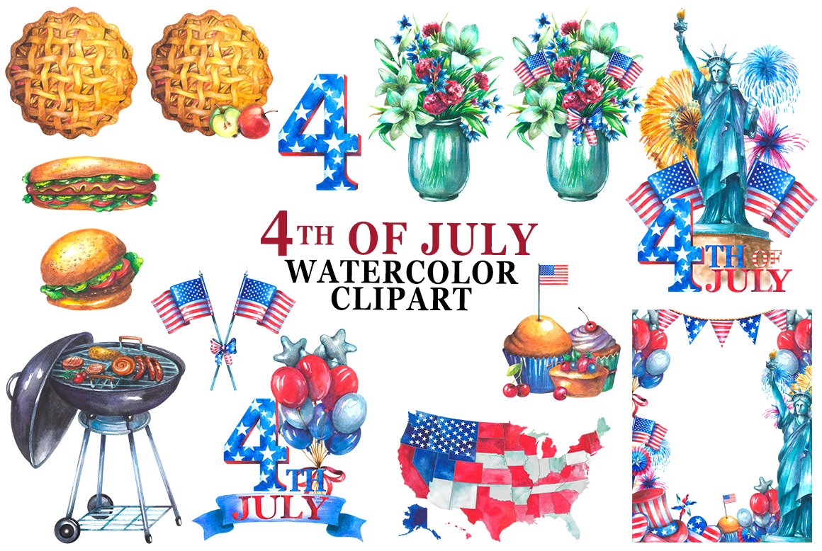 Watercolor 4th of july clipart (570932) | Illustrations | Design Bundles