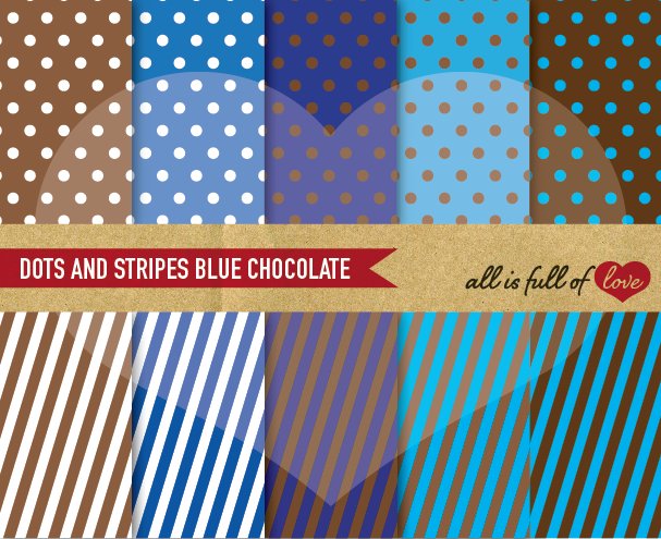 Navy Blue and Brown Digital Paper Pack Dots and Stripes Background ...
