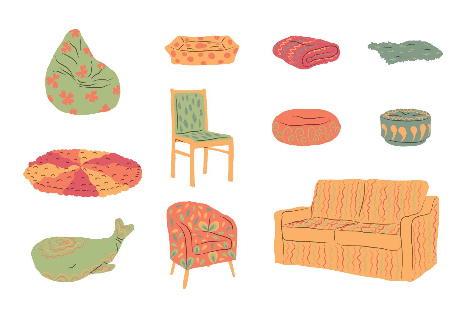 Set, collection of hand drawn cosy soft places. (1154123 ...