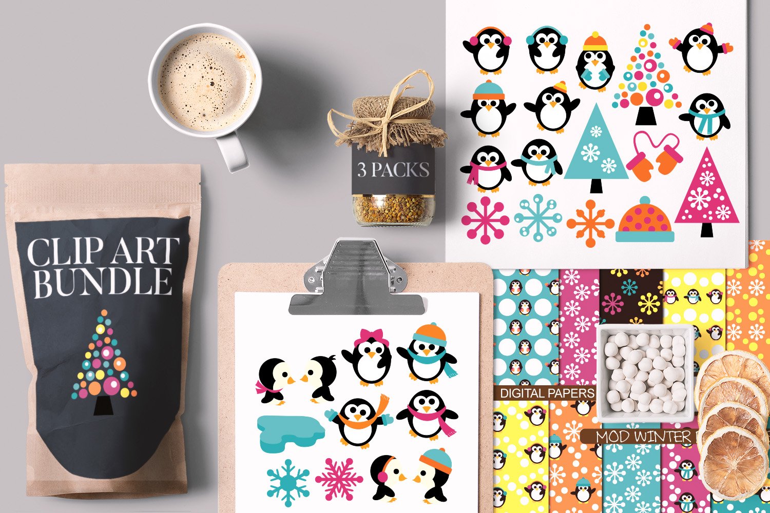 Winter Bundle, Cute Penguins and Snowflakes Graphics (163177 ...