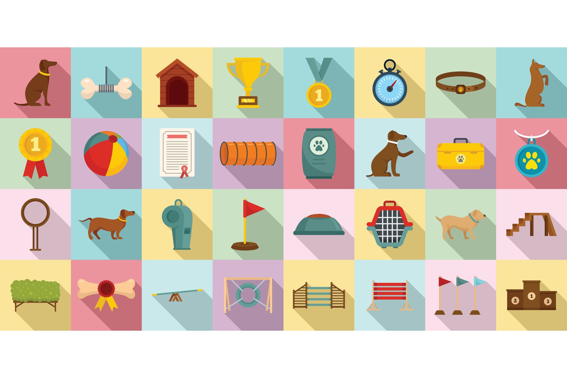 Dog training icons set, flat style (547606) | Illustrations | Design ...